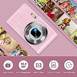 Digital Camera Auto Focus Point and Shoot Camera, FHD 1080P 48MP Kids Camera with 32GB Memory Card,16X Zoom Vlogging Camera Small Digital Cameras for Kids Teenagers Students, Pink