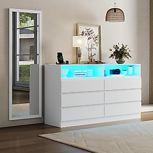 Gyfimoie Dresser for Bedroom with Full Length Mirror 48"x16", White Storage Dresser with Power Outlet, 6 Drawer Dresser with LED Light, Modern Dressers with Charging Station(White)