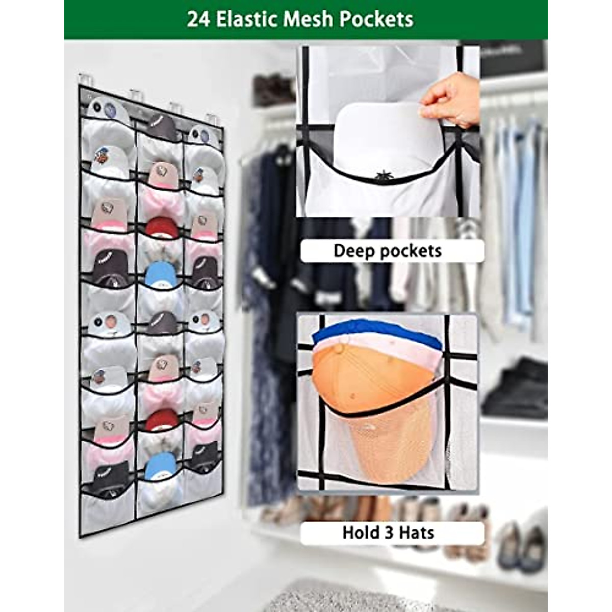 Hat Racks for Baseball Caps, Baseball Hat Organizer, 24 Deep Pocket Hat Storage & Ballcap Display Holder, Hat Holder with 4 Door Hooks