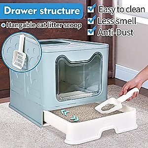 Homagico Foldable Cat Litter Box, Extra Large Front Entry Top Exit Litter Box with Lid, Drawer Type Enclosed Kitty Litter Box with Litter Scoop, Anti-Splashing Cat Toilet Easy Cleaning （Blue）