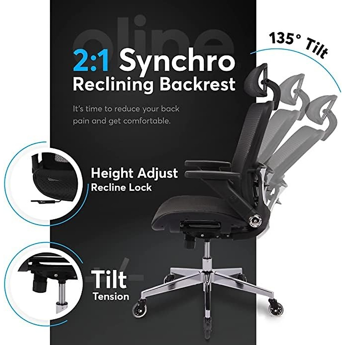 Office Chair, High Back Ergonomic Desk Chair, Breathable Mesh Desk Chair with Adjustable Lumbar Support and Headrest, Swivel Task Chair with Armrests, Executive Chair for Home Office (Black)