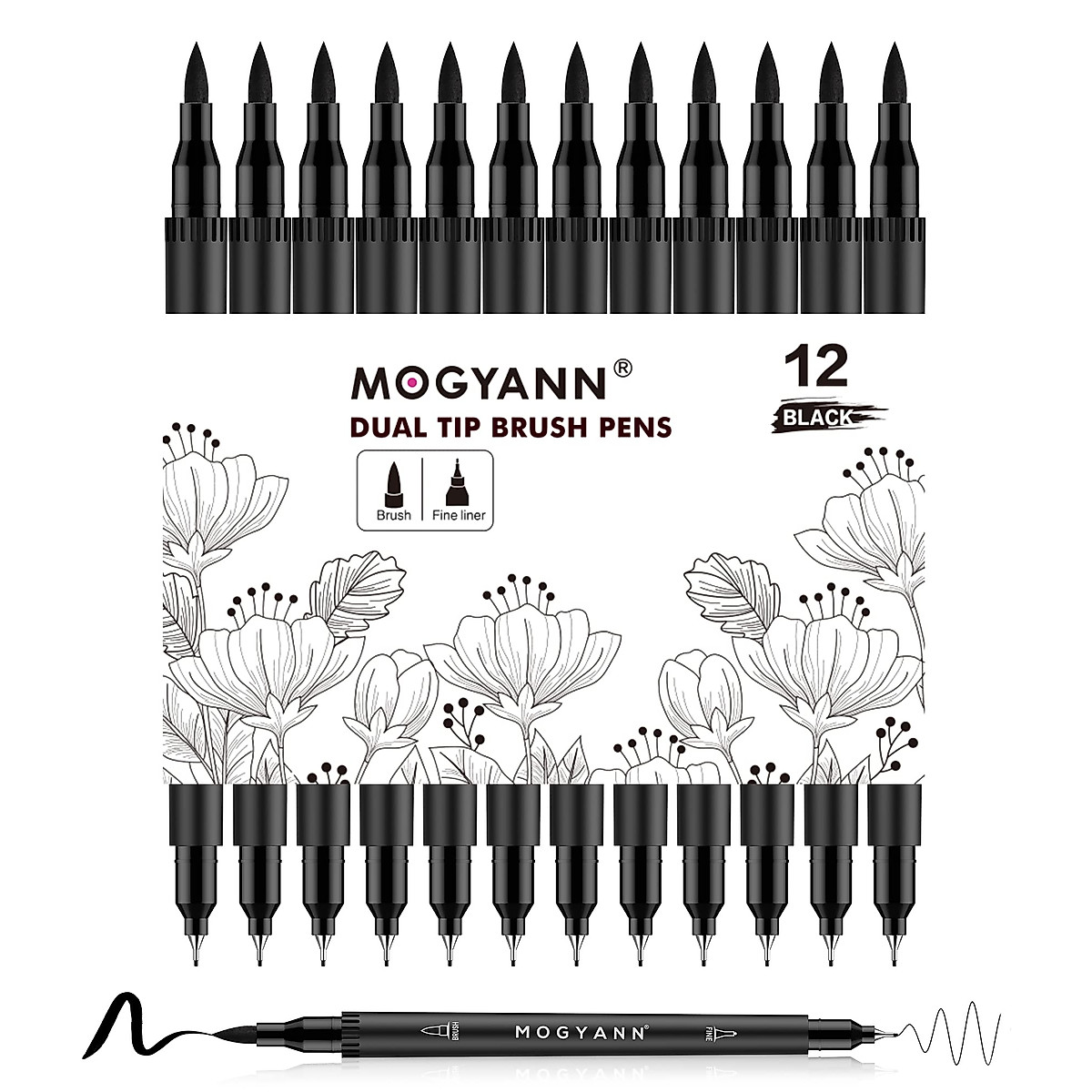 Mogyann Drawing Pens, 12 Pack Dual Brush Pens Black Markers for Art Drawing Sketching