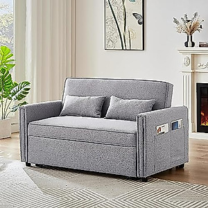 3-in-1 Convertible Upholstered Loveseat Sofa Couch with Pull-Out Sleeper Bed,2-Seat Futon Lounge Recliner Sofá Chair with Adjustable Reclining Backrests,Lumbar Pillows and Side Pockets for Living Room