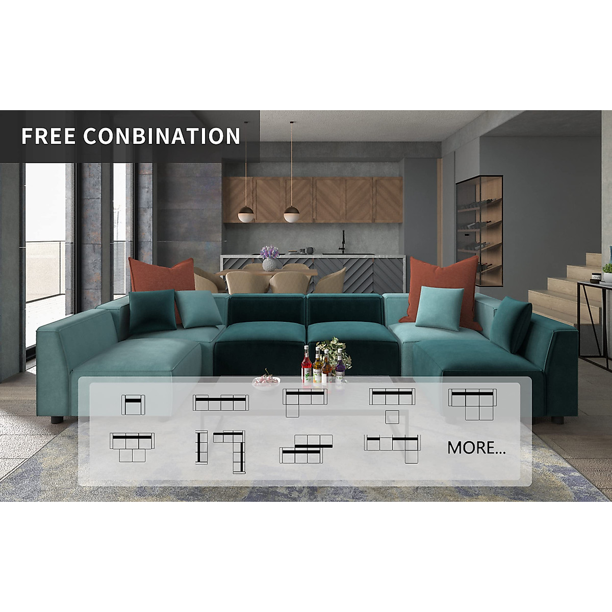 LLappuil Modern Modular Sectional Living Room Sofa Set, Low Back Minimalist Style Couch, Soft Fabric 6 Seater Oversized 138.4" U Shape Sofa, Aqua Blue
