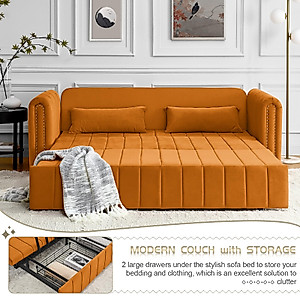 Antetek Oversized Sleeper Sofa w/Pullout Bed, 82-inch Modern Velvet Fabric Deep 3-Seat Couch with Metal Frame, 2 Toss Pillows, Comfy Upholstered Furniture for Living Room, Orange