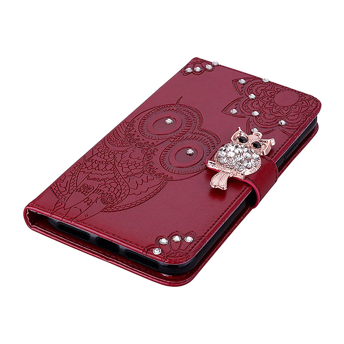 Ephoou Compatible with Apple iPhone 15 Pro Flip Glitter Wallet Case for Women, Pu Leather with Card Slots Crystal Diamond Owl Embossing Shockproof Cover Case for iPhone 15 Pro MTY-Red