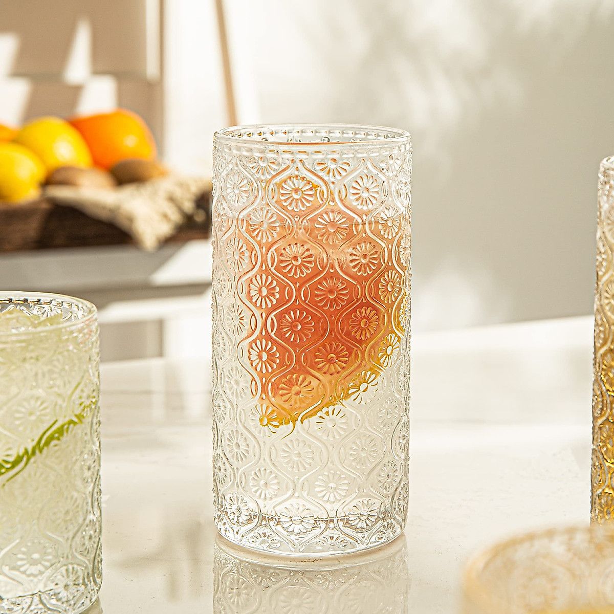 POLIDREAM Set of 4 Vintage Embossed Glass Cups | Art Deco Glassware | 2 Tall Crystal Tumblers & 2 Short DOF Glasses | Ideal for Whiskey, Beer, Juice, Water | Perfect for Home, Bars, Parties