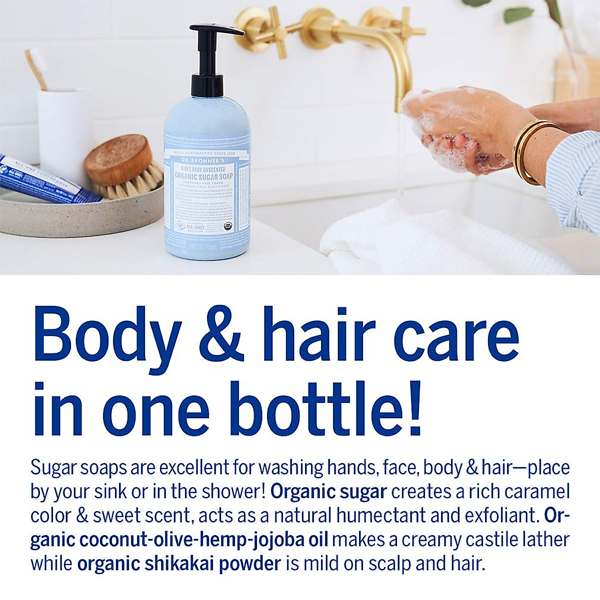 Dr. Bronner’s - Organic Sugar Soap (Baby Unscented, 12 Ounce) - Made with Organic Oils, Sugar and Shikakai Powder, 4-in-1 Use: Hands, Body, Face and Hair, Moisturizes and Nourishes, No Added Fragrance