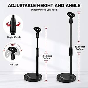 Microphone Stand Desk Adjustable Desktop Microphone Stand with Boom Arm Upgraded 3 in 1 Table Phone/Mic Stand with Microphone Clip,Cell Phone Clip,3/8" to 5/8" Adapter for Blue Yeti,Shure,Other Mic