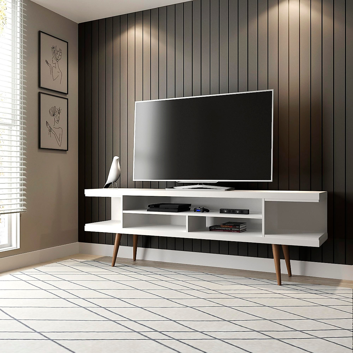 Manhattan Comfort Utopia 70.47" Freestanding Entertainment Center for Living Room, Mid Century Modern TV Stand with Shelves, Storage and Media Holes, Fits 65" Screens, 70.47 Inches, White