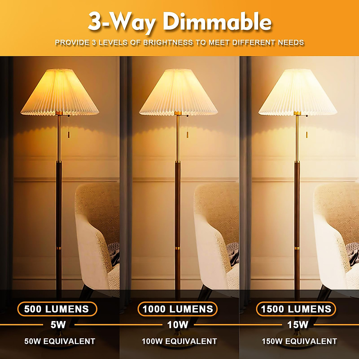 Zorykn 3 Way Light Bulbs 50 100 150 Warm White, A19 3000K, 5/10/15W Energy Saving 500 1000 1500 Lumens, E26 Base LED Bulbs Perfect for Reading, 2 Pack