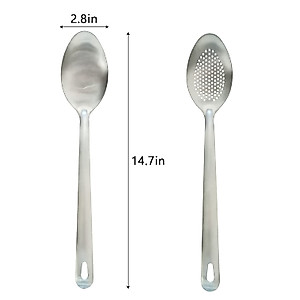 IOCBYHZ Cooking Spoon Set, 2Pcs 14.7" Stainless Steel Large Serving Spoons, Solid Spoon & Slotted Spoon for Restaurant, Large Metal Tablespoon, Basting Spoon Perforated Spoon Metal Kitchen Utensils