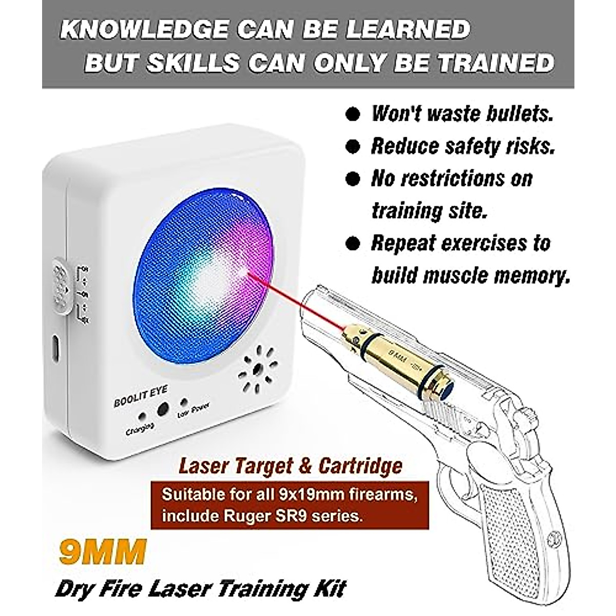 BOOLIT EYE 2nd Generation 9mm Dry Fire Training System, Laser Cartridge and Personal Electronic Target kit Safely Practice Steel Plate Sound and Flash Feedback