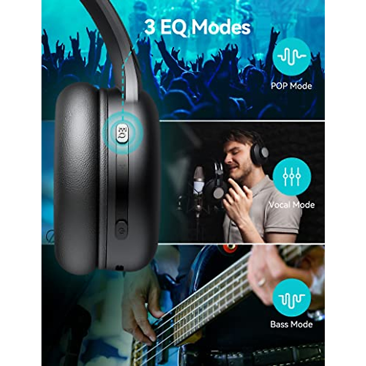 TECKNET Wireless Bluetooth Headphones Over Ear 65H Playtime Foldable Lightweight Headphones with Mic for PC, Deep Bass Hi-Fi Stereo Sound with 3 EQ Modes for Travel/Office/Cellphone/TV/PC (Black)