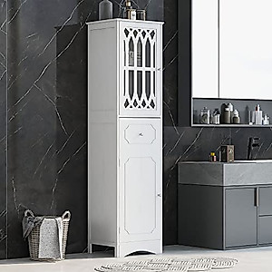 Merax Freestanding Linen Tower Bathroom Storage Cabinet with Adjustable Shelf, Drawer and 2 Doors, Tall Slim, 16.5" L x 14.2''W x 63.8''H, White