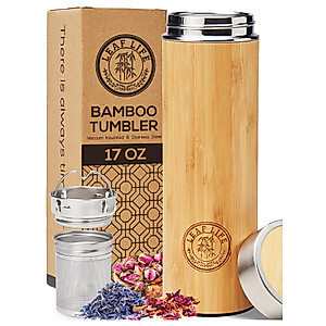 LeafLife Premium Bamboo Thermos with Tea Infusers for Loose Tea 17oz - Hot & Cold for 12 Hrs - Tea Accessories - Long Handled Tea Strainers - Unique Gifts for Women, Tea Gift Set for Women