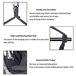 HBlife Hammock Chair, Max 330 Lbs, 2 Pillows Included, Dark Gray Hanging Chair with Pocket and Macrame, Swing Rope Chair for Bedroom, Backyard and Deck