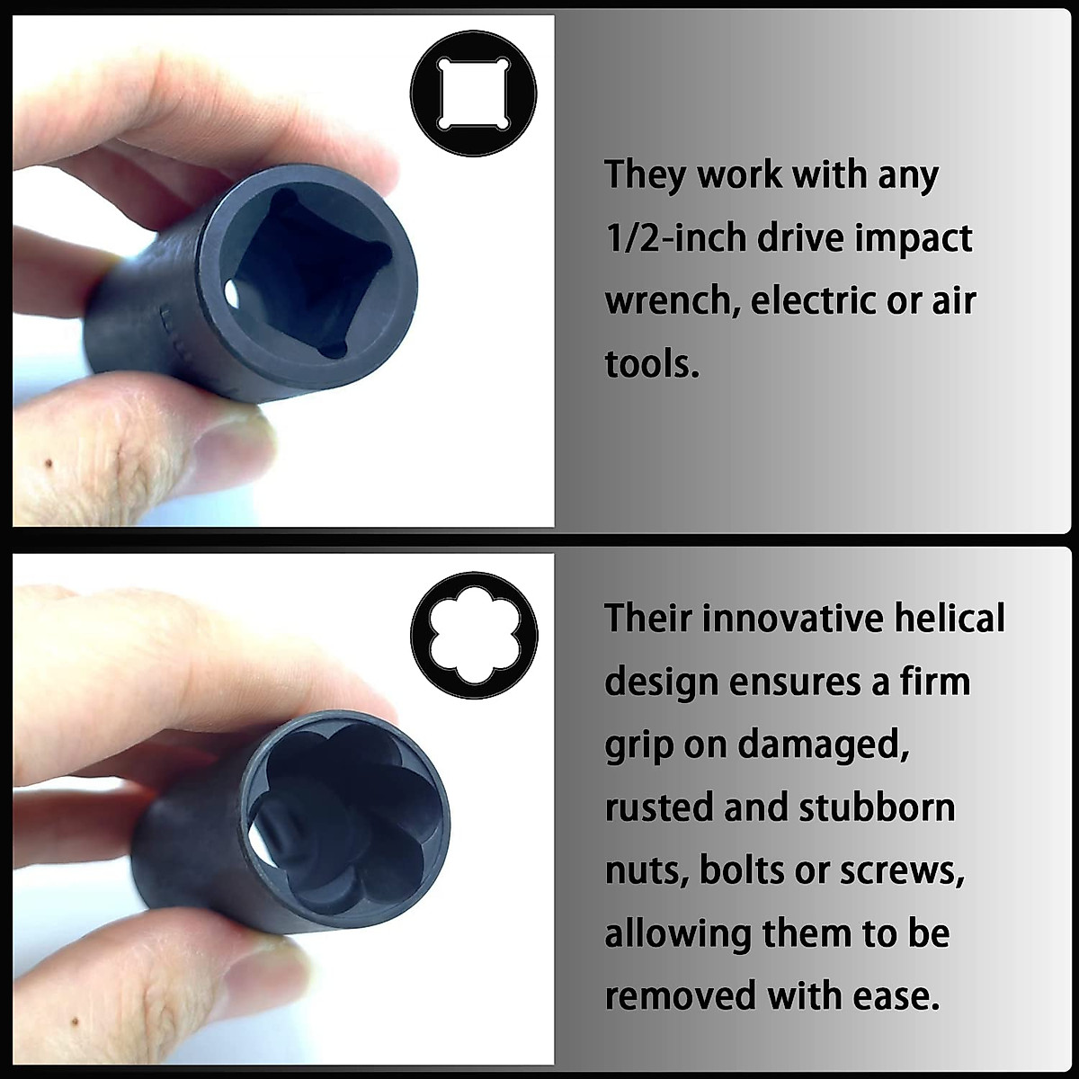 JEUCLEL 5PCS Twist Lug Nut Socket Set - 1/2 inch Drive Damaged Nut Lock Remover Extractor - Rusted & Strip & Stripped & Stuck Locking Nut Removal Tool Kit with 17mm 19mm 21mm 22mm Sockets