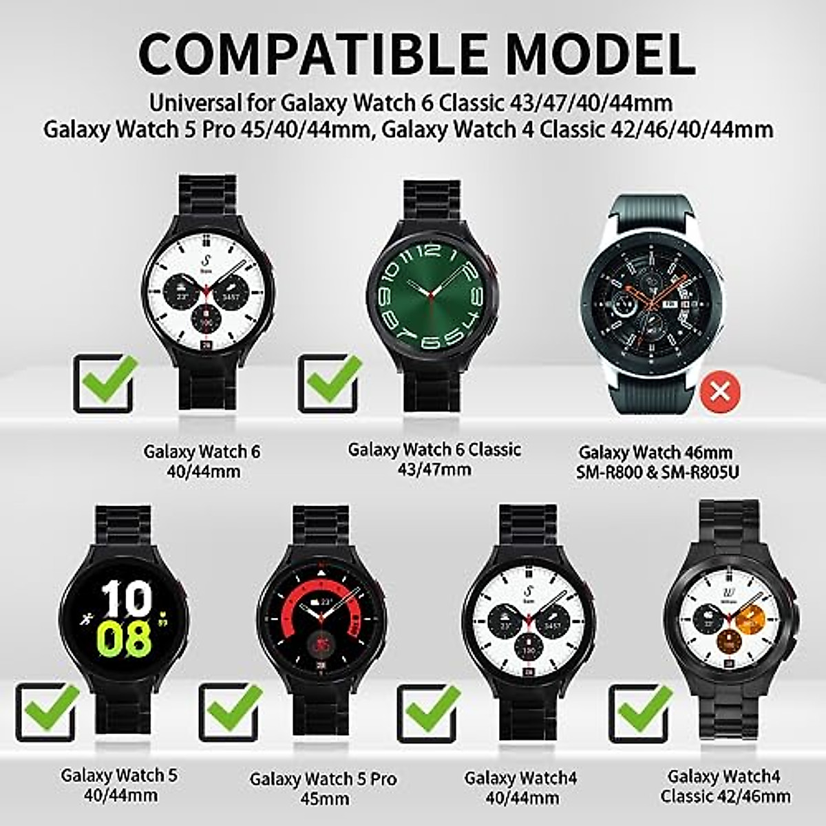 Samsung Galaxy Watch 6 Band Classic 43mm 47mm 40mm 44mm, Samsung Galaxy Watch 5 Band Pro 45mm 40mm 44mm, Samsung Galaxy Watch 4 Band Classic 40mm 44mm 42mm 46mm, No Gap Band Men Solid Stainless Steel (43/47/45/40/44/42/46mm, Black)