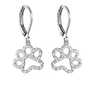 Paw Print Earrings Sterling Silver Leverback Dog Paw Earrings Puppy Paw Drop Dangle Earring for Women
