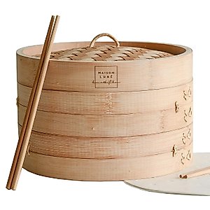 Maison Lune New Bamboo Steamer 10 inch - Includes 2 pairs of Chopsticks, Liners 20 pieces, Steamer Basket for Cooking Dumpling, Dim Sum, Bao Bun, Vegetable