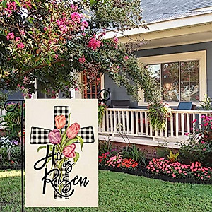 ORTIGIA Easter Cross Garden Flag Double Sided Buffalo Plaid Cross Tulip Flowers He is Risen Religious Garden Flag Spring Seasonal Outdoor Outside Yard Lawn Decoration 12x18 Inch