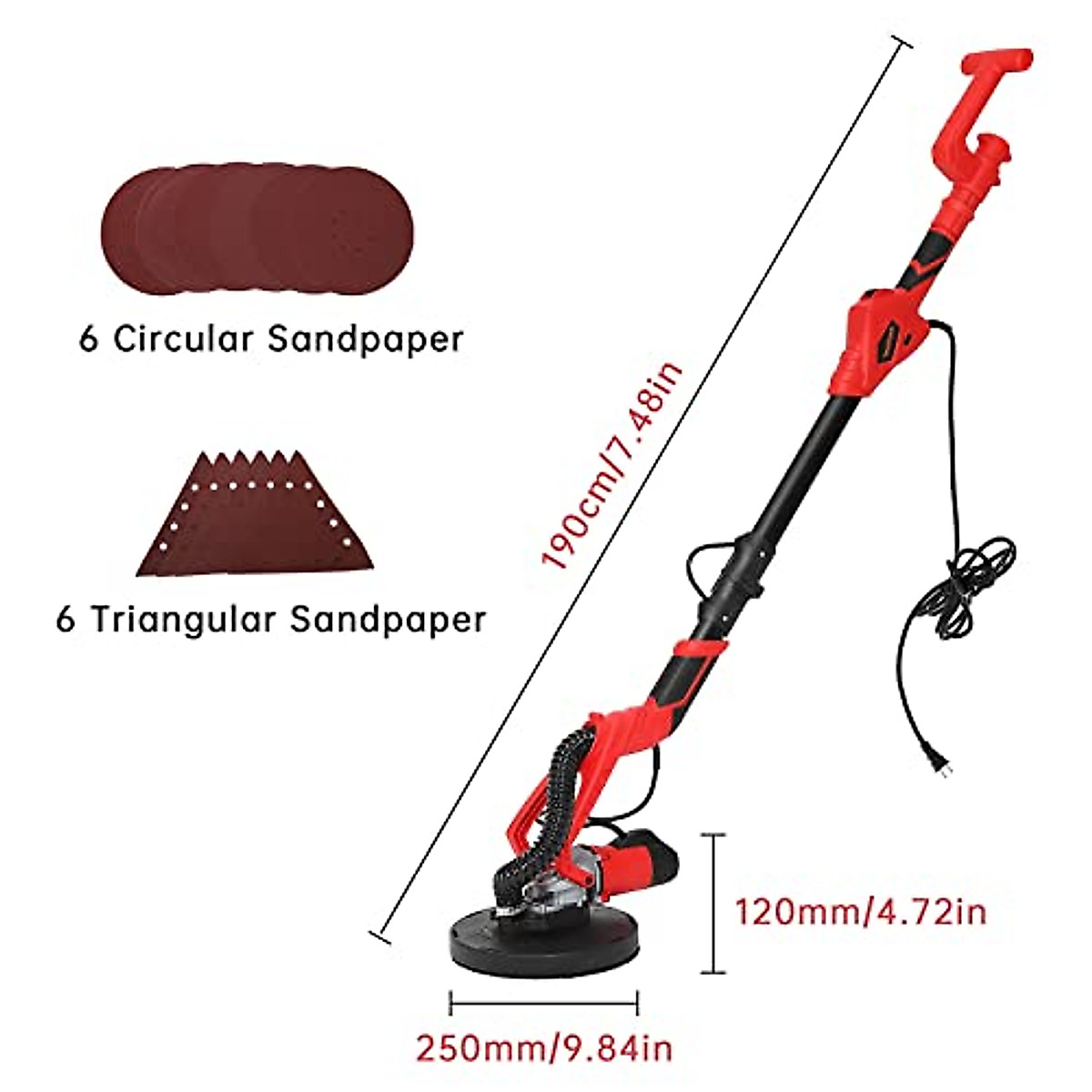 Towallmark Drywall Sander 710W, 2-in-1 Dual-Head Electric Drywall Sander, Variable Speed 1100-2100RPM with 13-Foot Dust Hose, Ceiling Sander with 12 Sand Pads and Dust bag