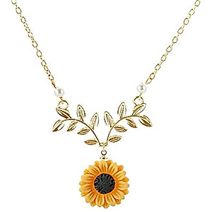 Sweet Sunflower Faux Pearl Leaf Pendant Necklace Resin Daisy Flower Clavicular Chain Fashion Jewelry for Women,Golden Nice Processed