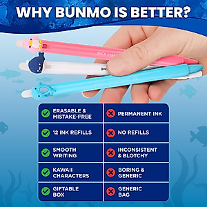 BunMo Erasable Cute Pens - Cute Kawaii Accessories - 12 Ink Pens Include 12 Extra Kawaii Pen Ink Refills. Great Easter Basket Stuffers or Easter Basket Stuffers For Girls