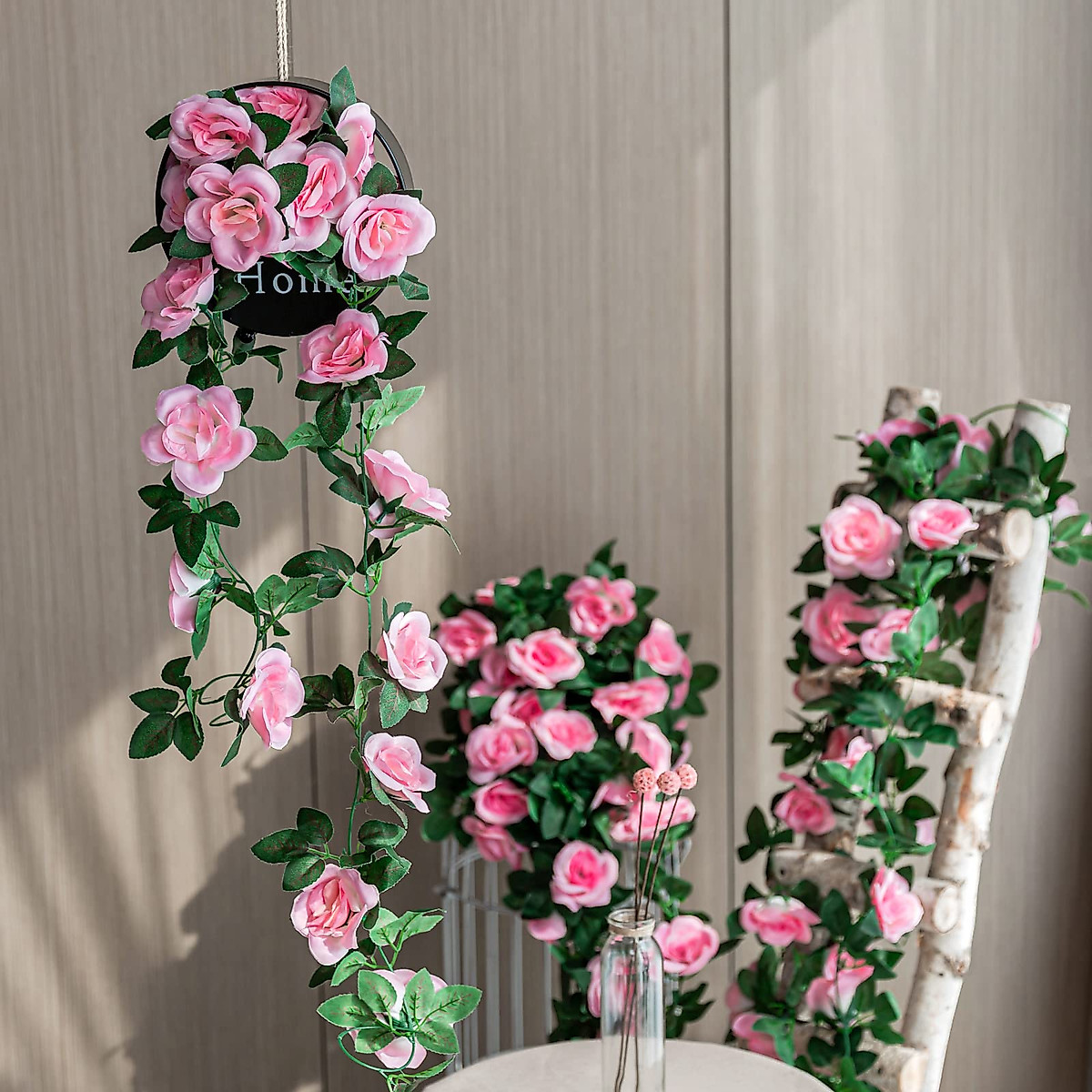 4 Pack (32FT) Artificial Rose Vine Fake Flowers Garland Hanging Silk Rose Ivy Plants Vine for Wedding Arch Party Garden Home Bedroom Office Wall Aesthetic Art Décor (Pink)