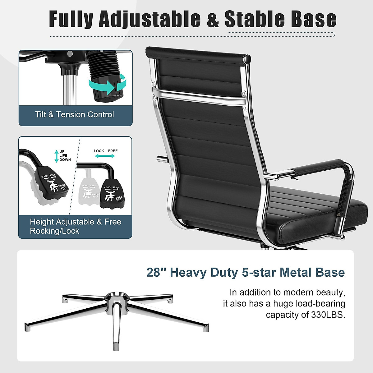 Okeysen Office Desk Chair, Ergonomic Leather Modern Conference Room Chairs, Executive Ribbed Height Adjustable Swivel Rolling Chair for Home Office. (Black)