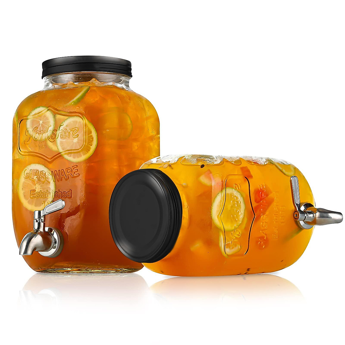 2 Pack 1 Gallon Drink Dispensers for Parties, Beverage Dispenser with Stainless Steel Spigot&Lids, Glass Drink Dispenser Punch Dispenser for Sun Tea, Lemonade,Tea,Cold Water & More