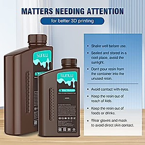SUNLU Water Washable Resin 1000g, Fast Curing 3D Printer Resin for LCD DLP SLA Resin 3D Printers, 395 to 405nm UV Curing 3D Printing Liquid Photopolymer Resin, Low Shrinkage, High Precision, 1kg, Grey