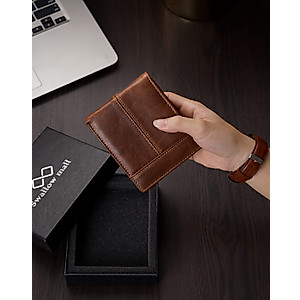 Swallowmall Mens Wallet RFID Genuine Leather Bifold Wallets For Men, ID Window 16 Card Holders Gift Box (Brown (No Zipper))