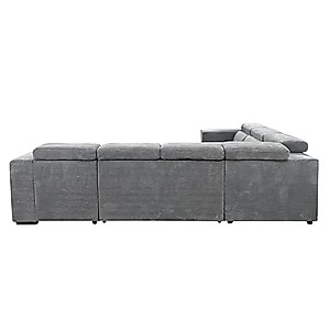 THSUPER Corduroy 123" Oversized U Shape Sectional Sleeper Sofa with Pull Out Bed, 7-Seats Sleeper Sectional Sofa with Storage Chaise and Adjustable Headrest for Living Room - Dark Grey