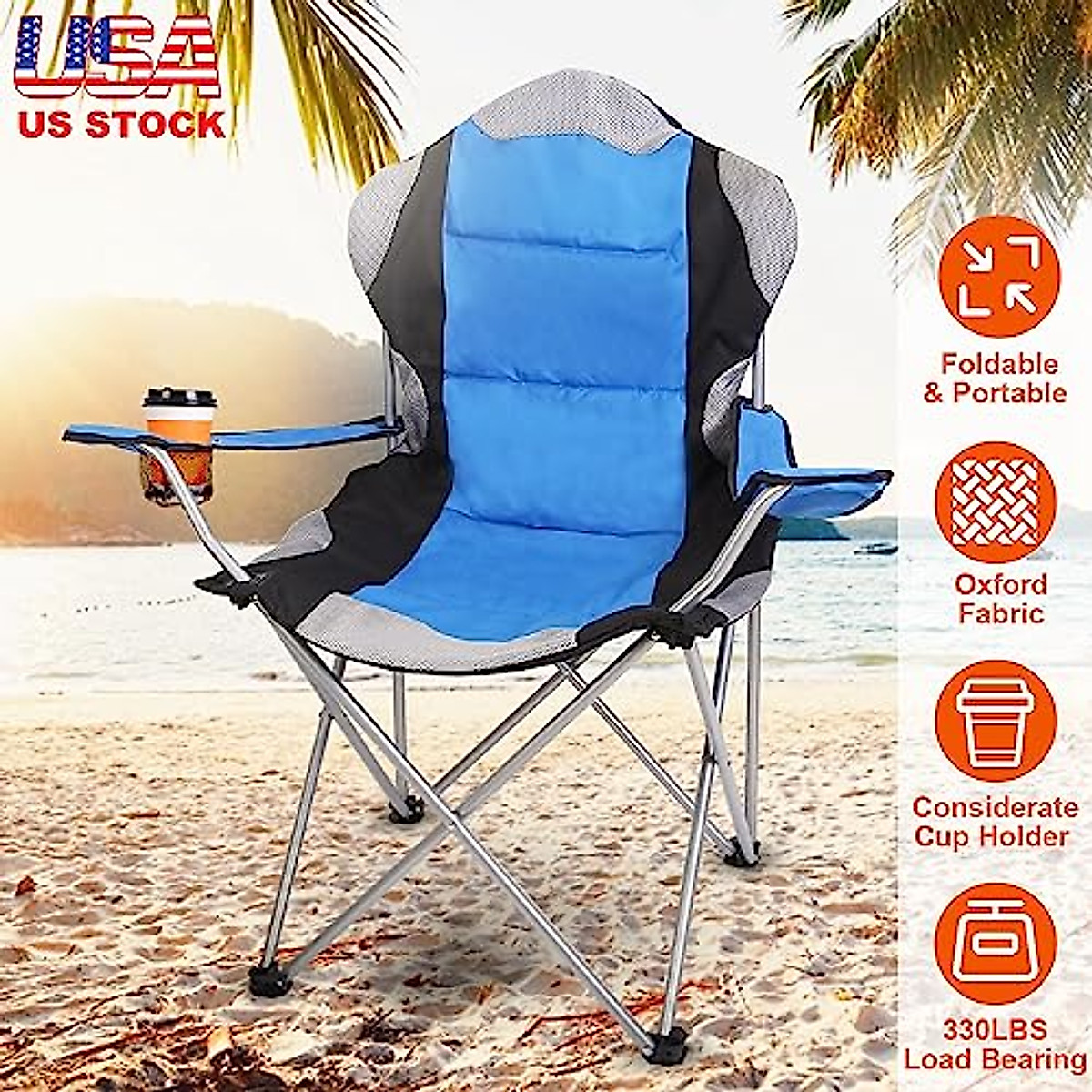 TeqHome Oversized Folding Camping Chair, Heavy Duty High Back Padded Arm Chair Support 330 LBS with Cup Holder, Outdoor Portable Lawn Chair Collapsible Quad Lumbar Back Chair for Sports Fishing Yard