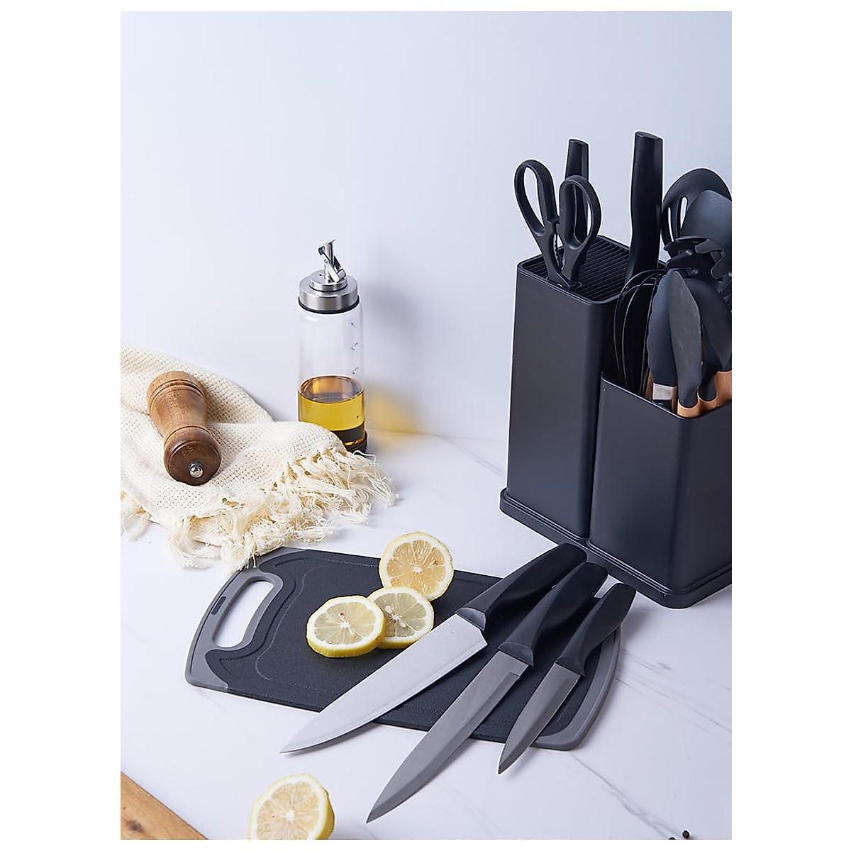19 Pcs Kitchen Cooking Utensil & Knife Set/Wooden Handles, Heat Resistant Cookware with Staninless Steel Knives Cutting Board Storage Holder, Silicone Spatula Spoon Gadgets Set