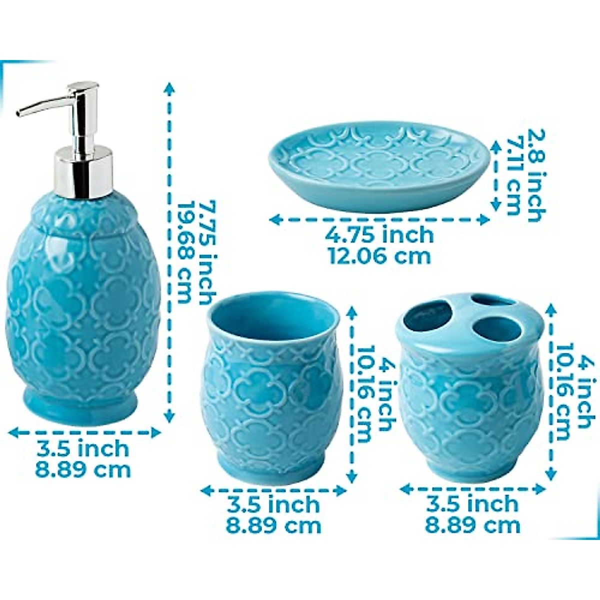 Designer 4-Piece Bathroom Accessory Set – Ceramic Bath Set w/Liquid Soap or Lotion Dispenser, Toothbrush Holder, Tumbler and Soap Dish – Decorative Set w/Embossed Details – Modern Vanity Accessories