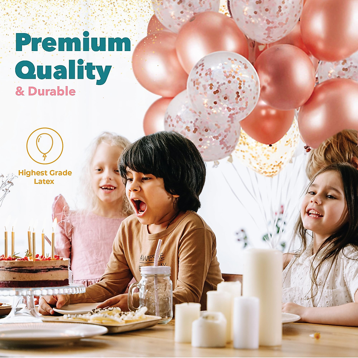 60 PACK Dandy Decor Rose Gold Balloons + Confetti Balloons w/ Ribbon | Rosegold Balloons for Parties | Bridal & Baby Shower Balloon Decorations | Latex Party Balloons | Graduation, Engagement, Wedding