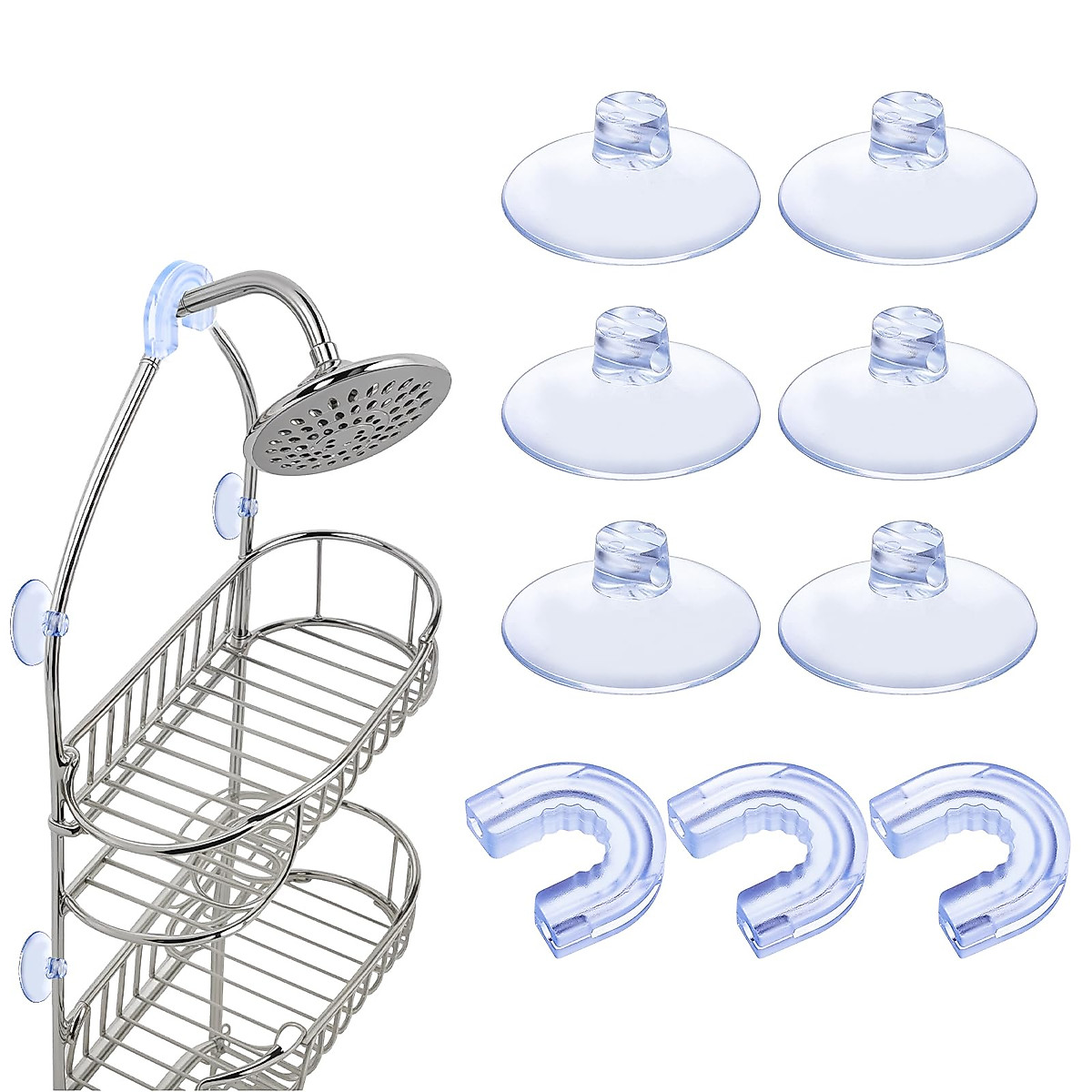 PEOVLVN 6 Pieces Suction Cups for Shower Caddy, Shower Caddy Connectors Suction Cup Hooks with 3 Pieces Rubber Rings Shower Hooks for Inside Shower Bathroom Decor and Replacement