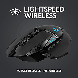 Logitech G502 Lightspeed Wireless Gaming Mouse, 25K Hero Gaming Sensor, 25600 DPI, RGB, Ultra-Light, 11 Programmable Buttons, Long Life Battery, PowerPlay-Compatible, PC - Black