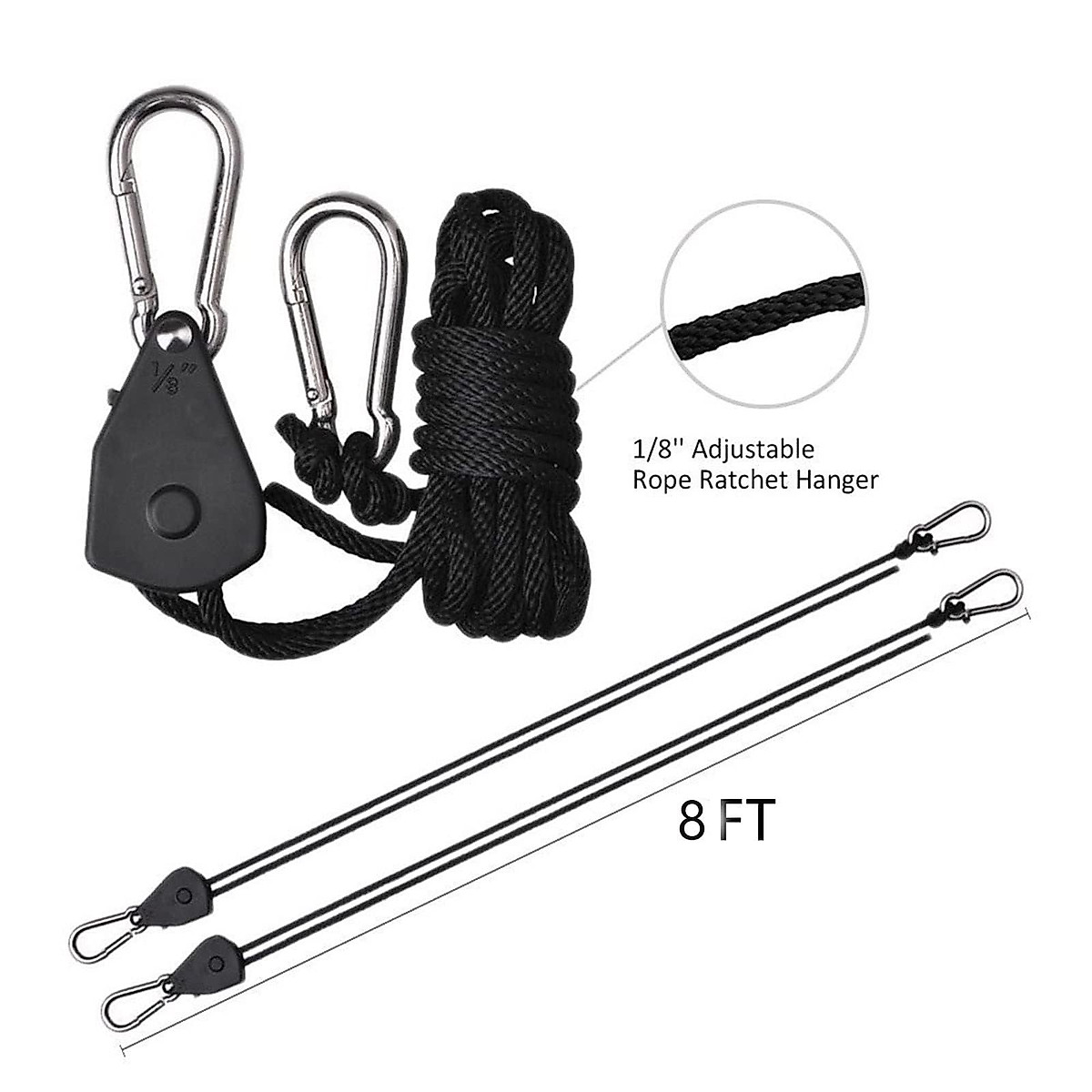 OneChoi Grow Light Rope Hanger 50Pairs，1/8" 8-Feet Long Heavy Duty Adjustable Rope Clip Hanger, Adjustable Rope Ratchet Hangers 150 Lbs per Pair Used with Grow Light, Grow Bags