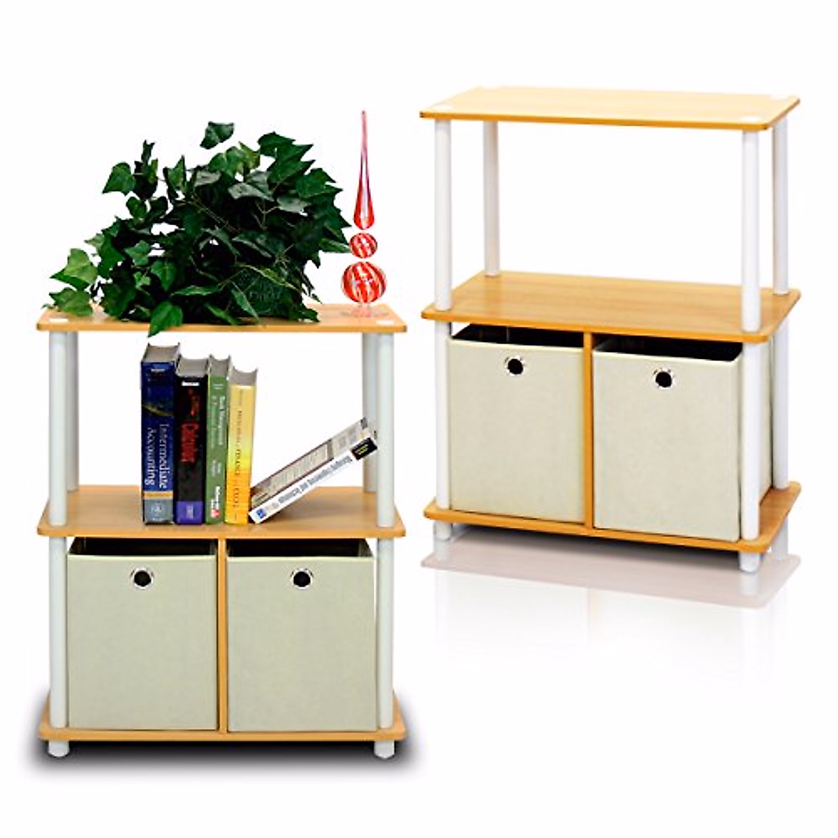 Furinno Go Green 3-Tier 2-Bins Multipurpose Storage Shelf, 2-Pack, Dark Cherry/Black