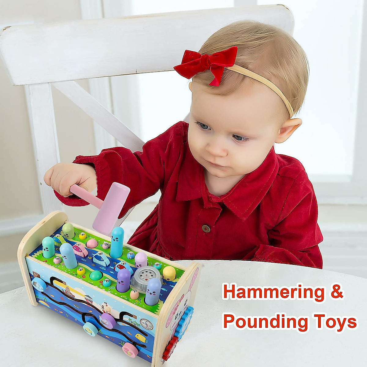 Rabing Wooden Pounding Bench ，8-in-1 Wooden Musical Hammer Toy with Xylophone ，Montessori Learning Toys with Wooden Hammer ，Wooden Activity Cubes,Music Education Puzzle Games Toys for Toddlers 1-3