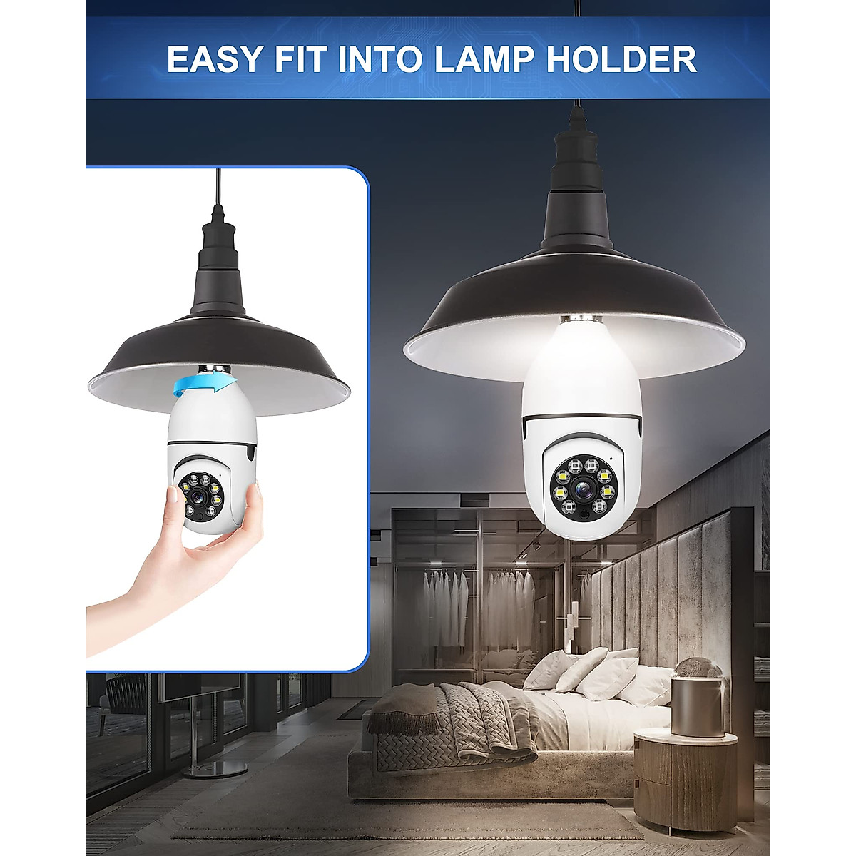 bluedery E27 360° Light Bulb Camera, 2.4GHz & 5G WiFi Security Cameras Wireless, 1080p Night Vision Home Security, Indoor Video Surveillance System, Motion Sensor Detection, Two-Way Audio-Talk