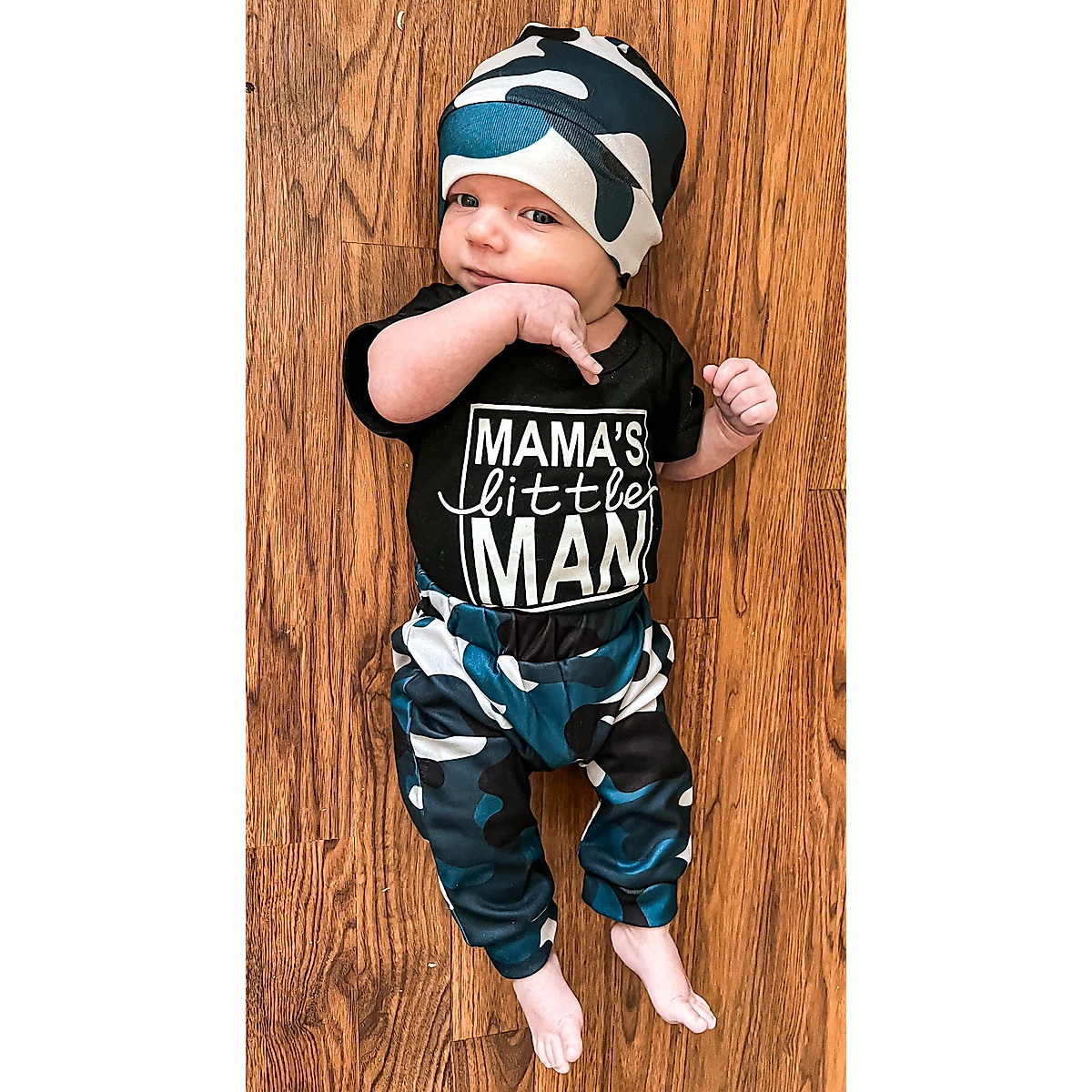 HIHA Preemie Newborn Baby Boy Clothes Set Short Sleeeve Romper Camoflauge Pants Hat 3PCS Mamas Man Outfit Mamas Little Boy Print (Blue Camo, Preemie)