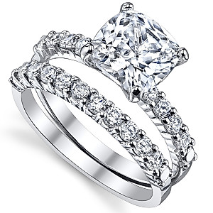 Metal Masters CO. Womens 2.5Ct Wedding Engagement Ring Band Set Fabulous Cushion CZ Sterling Silver 925