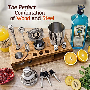 Elite 23-Piece Bartender Kit Cocktail Shaker Set Bundle With 20 Oz Crystal Cocktail Mixing Glass | Stainless Steel Bar Tools With Sleek Bamboo Stand & Seamless Mixing Pitcher for Stirred Cocktail