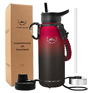 NATURE PIONEOR Insulated Water Bottles with Paracord Handle - 32 oz Vacuum Sports Wide Mouth Water Bottle with 3 Lids, Leak Proof Stainless Steel Keeps Hot and Cold