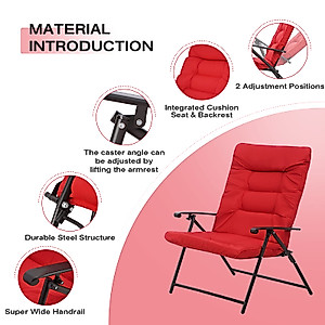 Omelaza 3 Pieces Patio Padded Folding Chair, Outdoor Adjustable Reclining Lounge Chairs with Tempered Glass Table (Red)